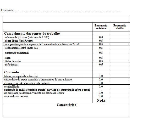 O Processo de Formação do Leitor: Barema de Correção (Exame Especial)