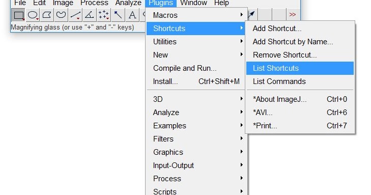 My imageJ: แสดง Shortcuts ทั้งหมดที่สามารถใช้งานได้ด้วยเมนู List Shortcuts