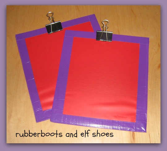 repurpose binders into clipboards - rubber boots and elf shoes