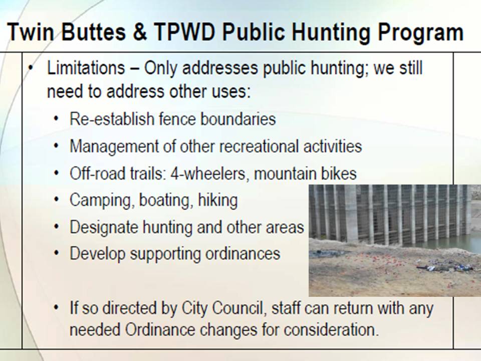 Twin Buttes Reservoir: City Council to Consider TPWD Public Hunting Program