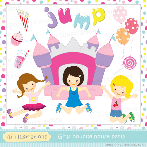 HJ Illustrations: Girls bounce house party digital clipart & matching ...