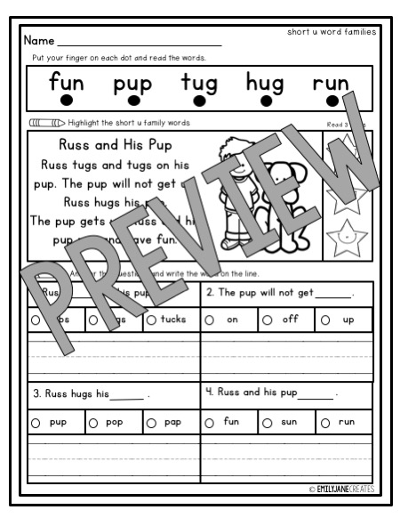 Emily Jane Creates: READING COMPREHENSION PASSAGES-CVC WORD FAMILY WORDS
