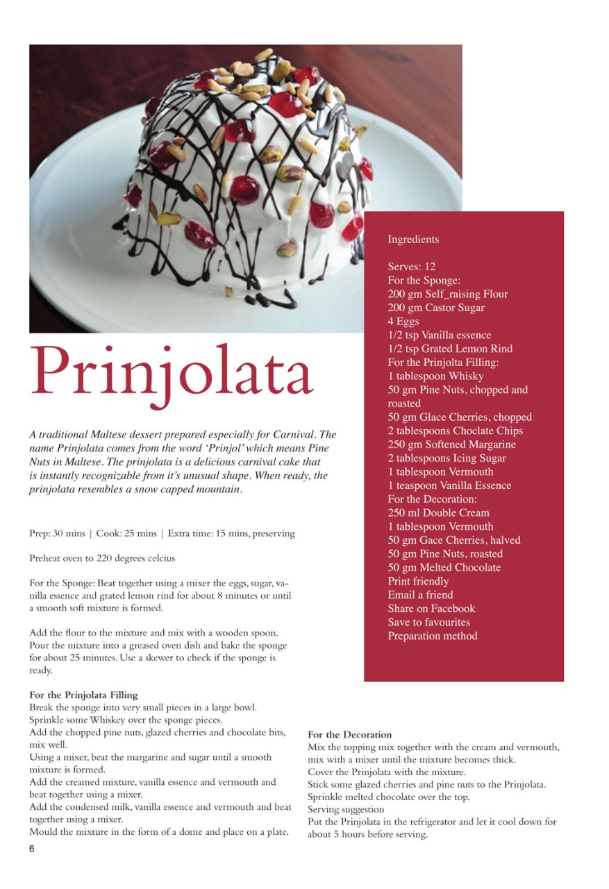 Excelsior Hotel Malta: Recipe of the Month - Prinjolata