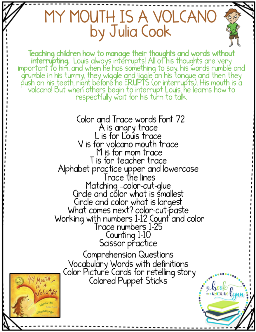 MY MOUTH IS A VOLCANO BACK TO SCHOOL BOOK UNIT ~ Book Units by Lynn