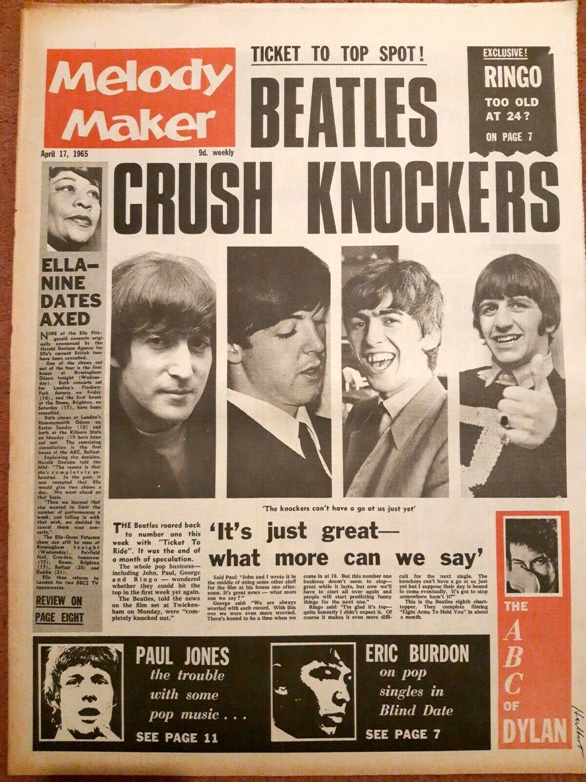 Vintage Beatles Melody Maker front page, April 17, 1965