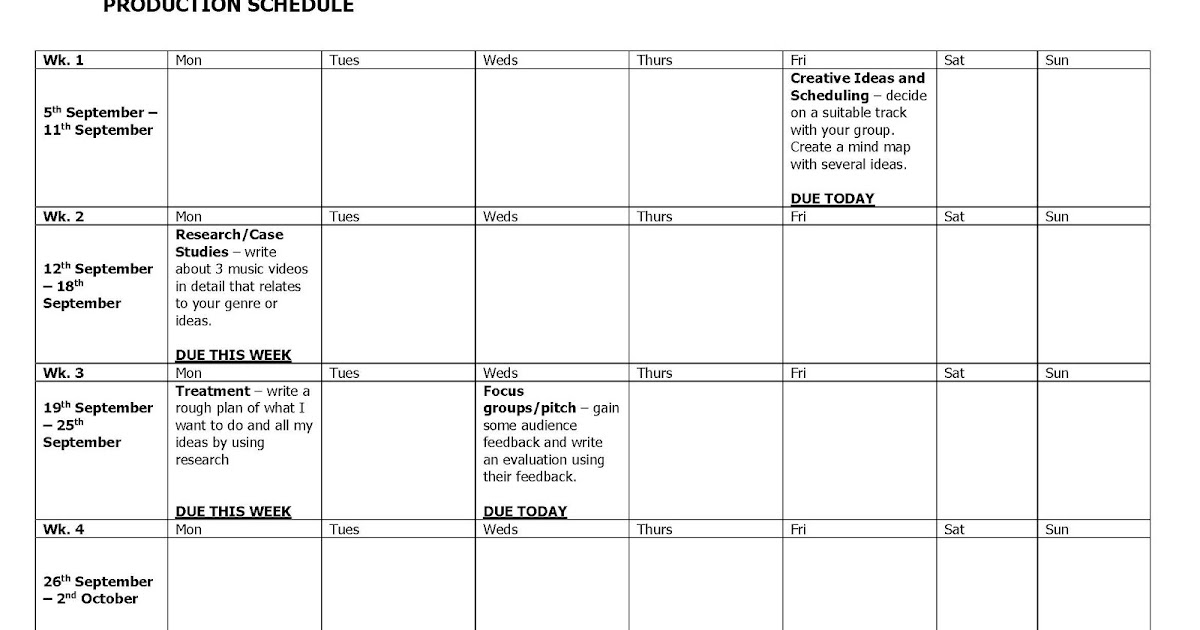 A2 Media: Production Schedule: Music Video
