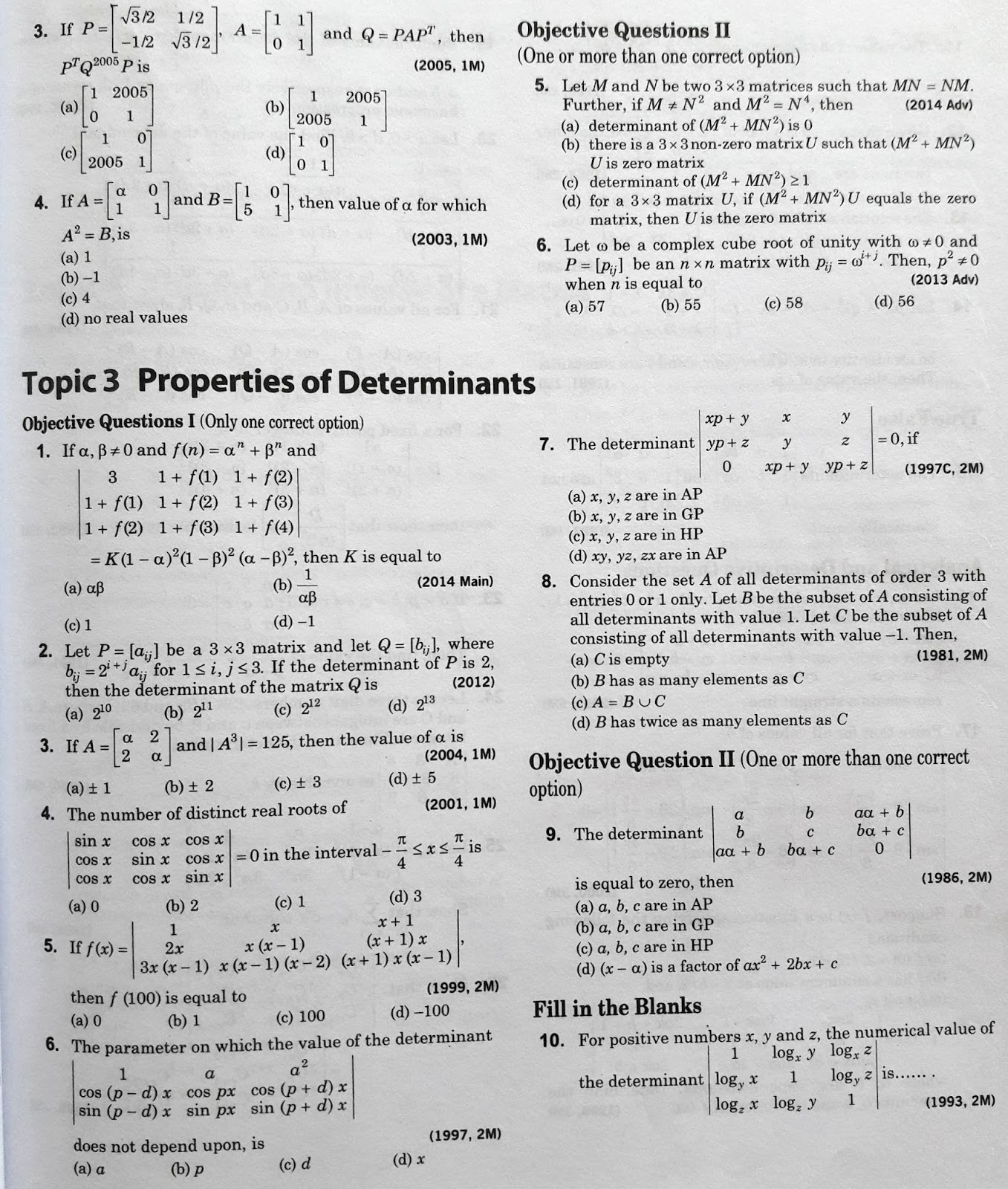 Matrices And Determinants JEE Advanced 38 Year Previous Year Questions