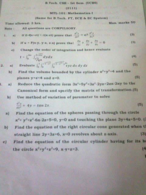 Mathematics I GNDU B.Tech CSE 2011 Question Paper - University Question ...