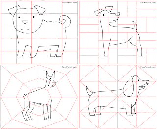 Four grid: Free printable Dog grid line drawing worksheet/activity for kids