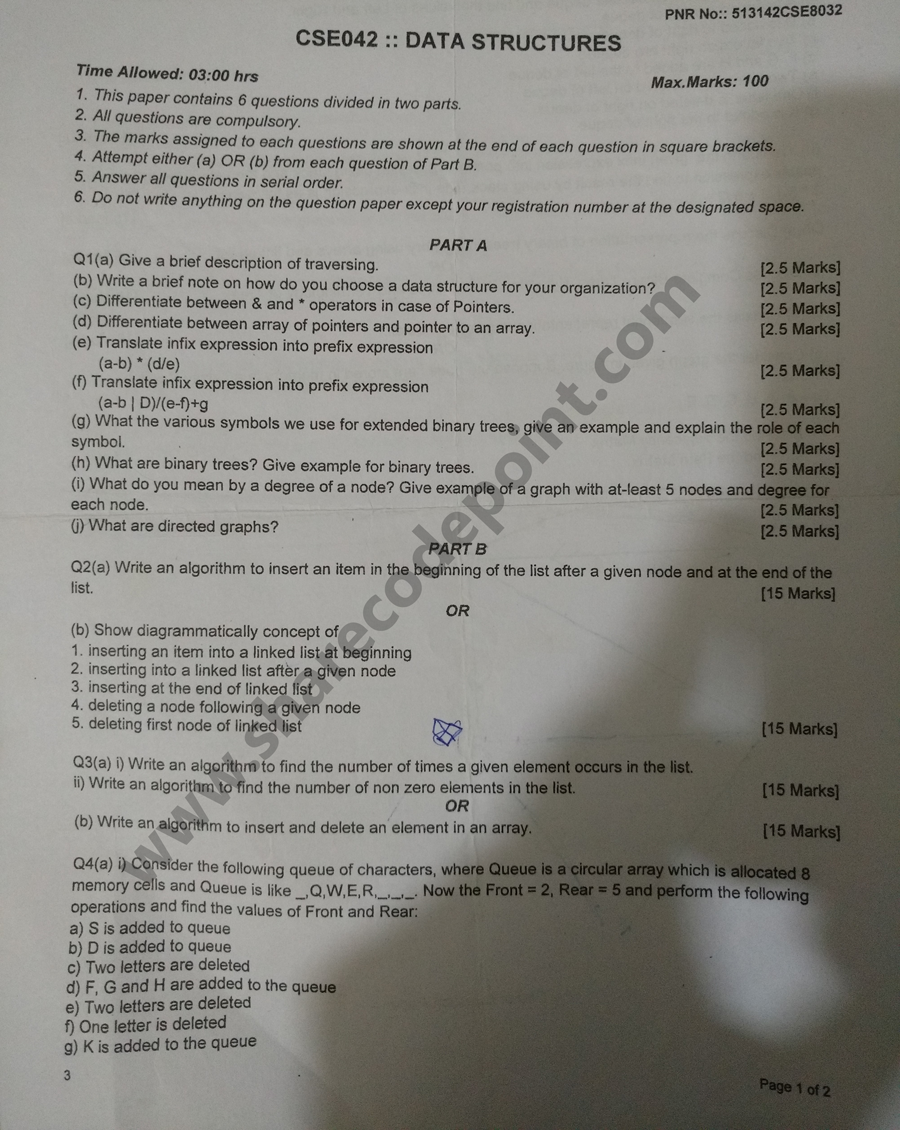 Cse042 Data Structures End Term Exam Question Paper Lpu