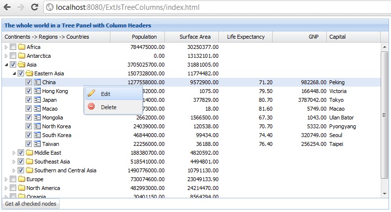Programmers Sample Guide Extjs 4 Tree Grid Example With Column Headers Checkboxes And Menu