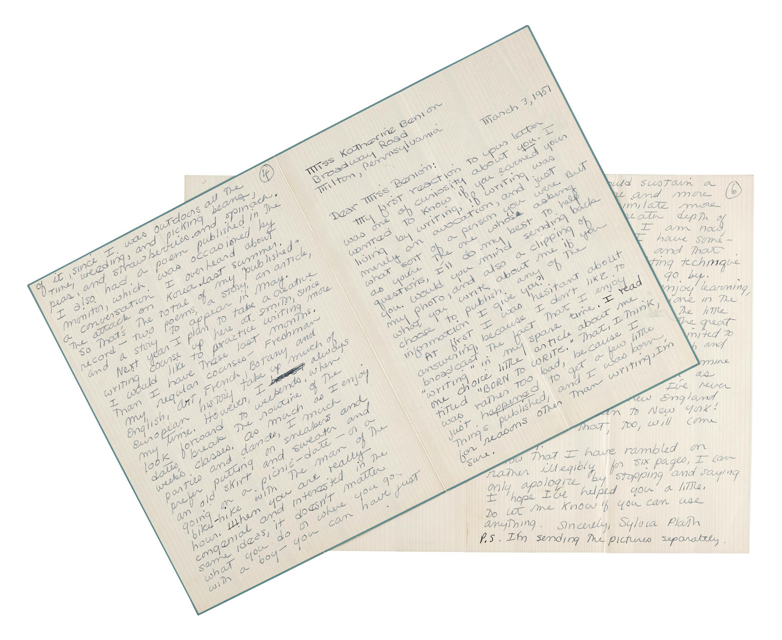 1951 Sylvia Plath Letter at Bonhams
