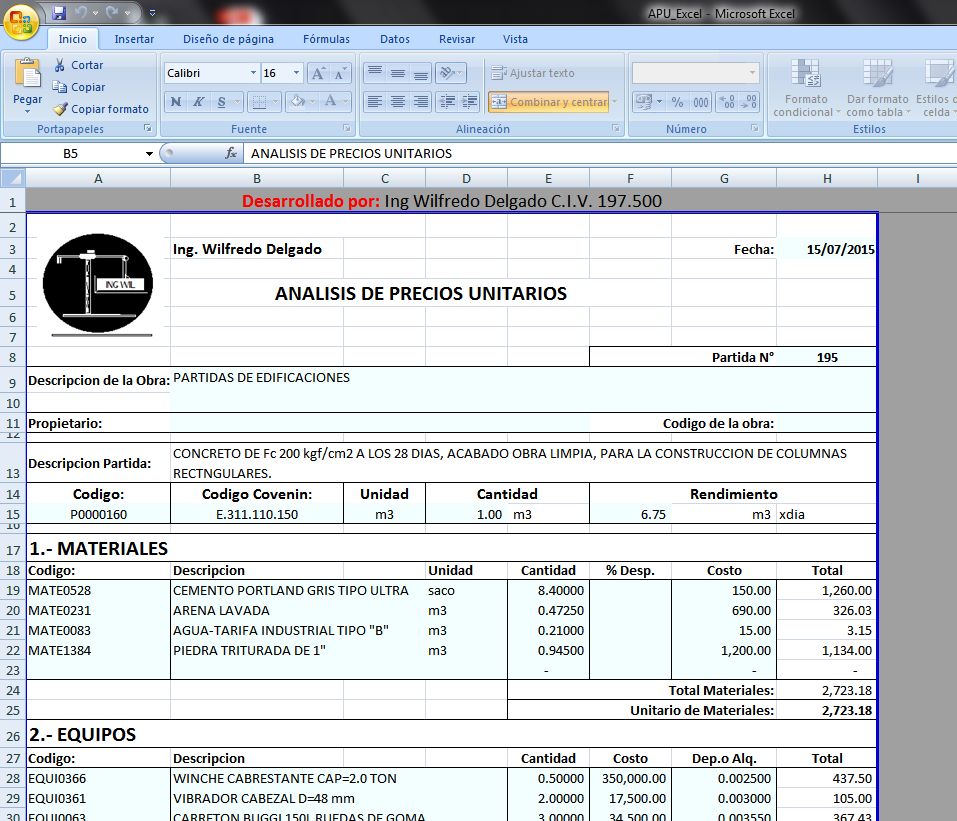 Analisis De Precios Unitarios Excel Analisis De Precios Unitarios Excel