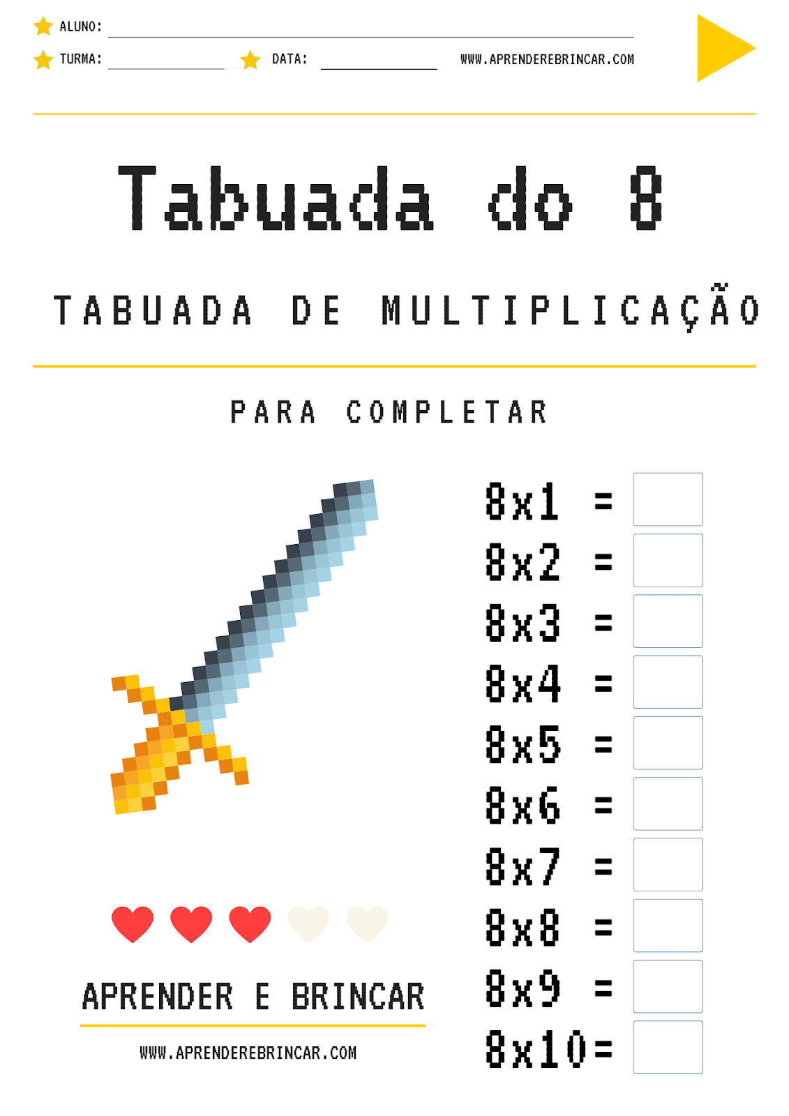 Tabuada GAME da Multiplicação para Completar.