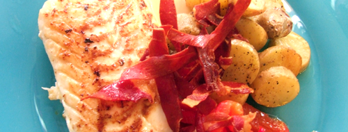 Torsk med grillet paprika og serranochips | Snaddervaffel