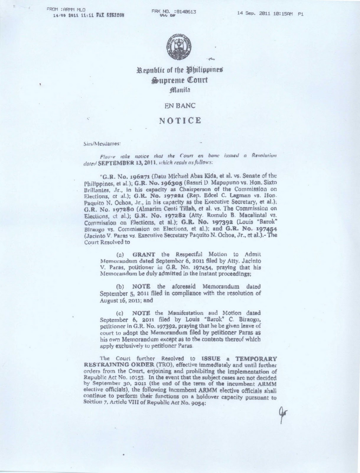 LaRuY LaRuY SiNtA TEMPORARY RESTRAINING ORDER HOLDS ARMM OFFICER IN LaRuY LaRuY SiNtA TEMPORARY RESTRAINING ORDER HOLDS ARMM OFFICER IN