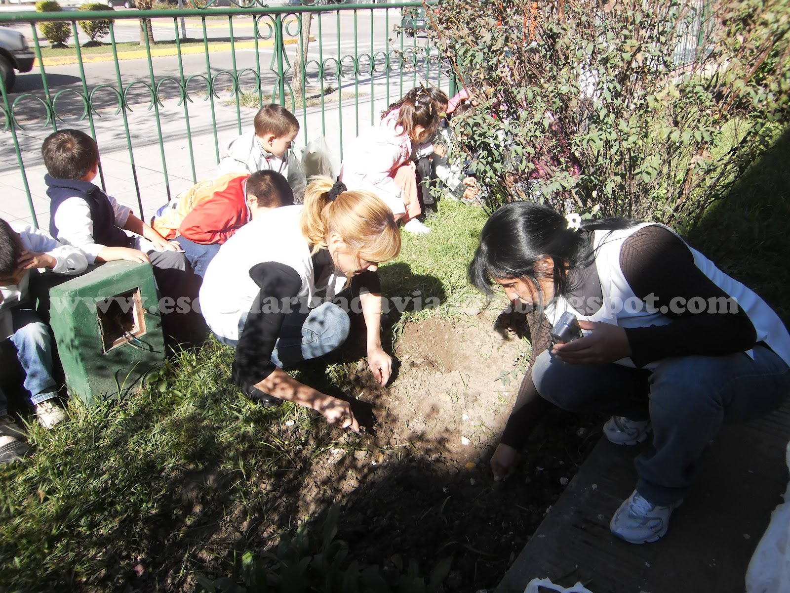 .: En el jardín de la escuela.