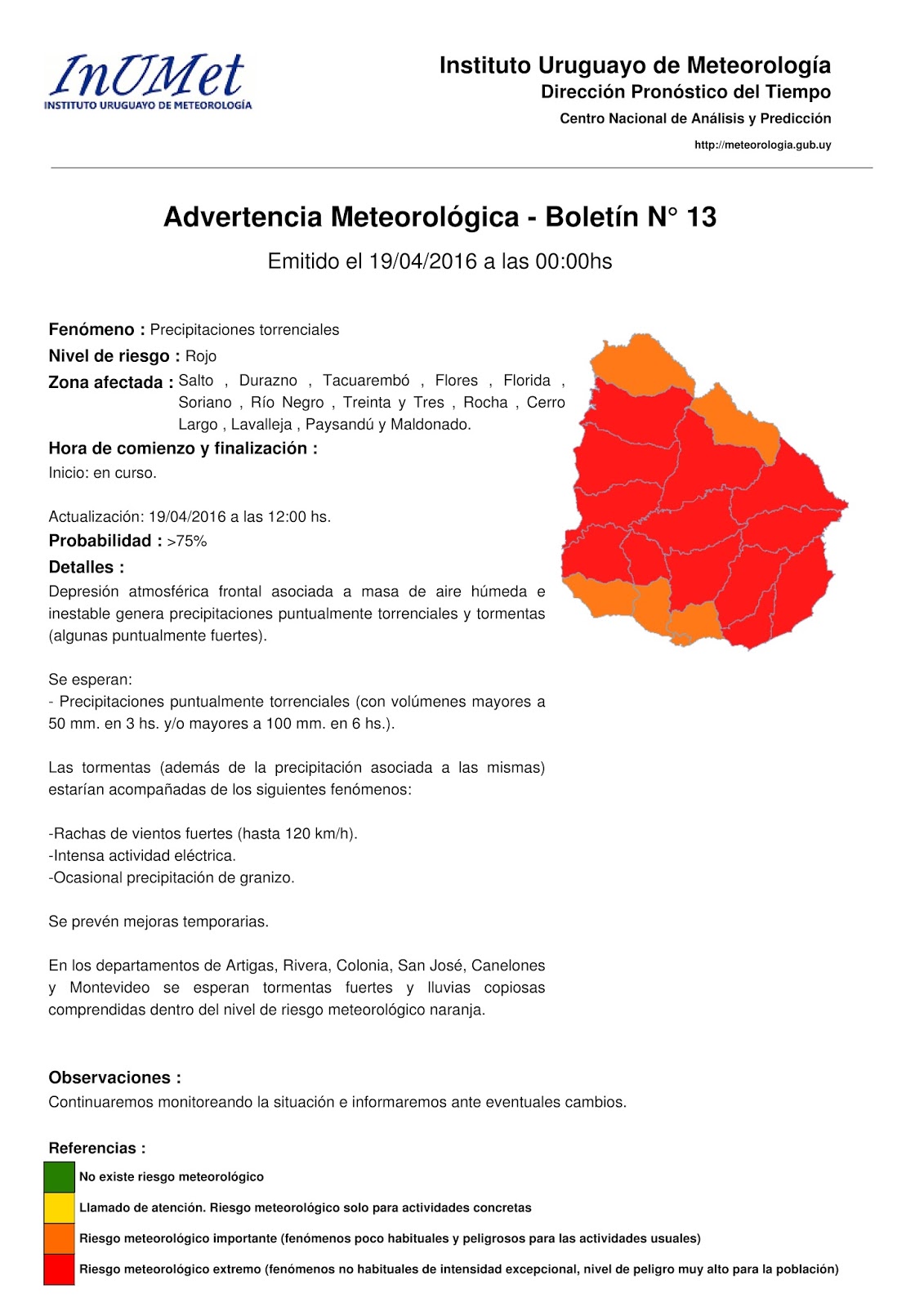 Noticias: RIESGO NIVEL ROJO PARA GRAN PARTE DEL URUGUAY