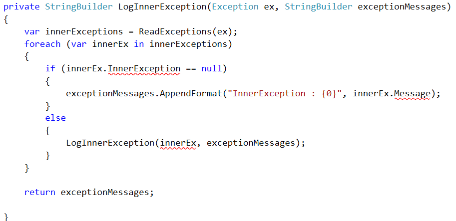 Developer Points: C#: Recursive Read Exception along with Inner Exception