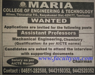 Maria College of Engineering & Technology, Kanyakumari, Wanted ...