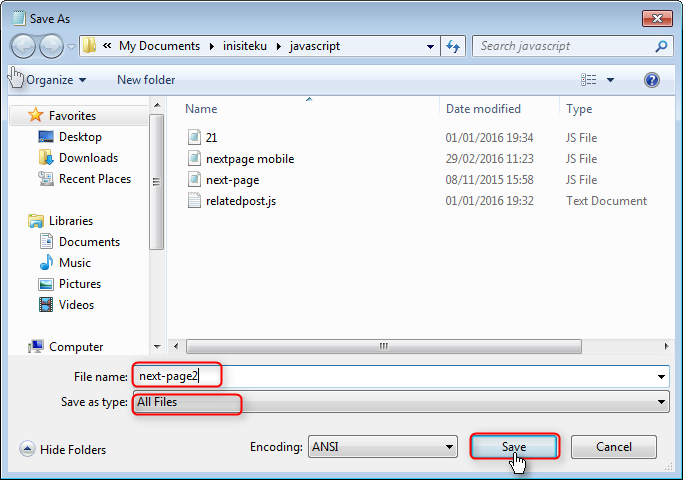 Cara menyimpan file berbentuk .js dengan notepad | inisiteku