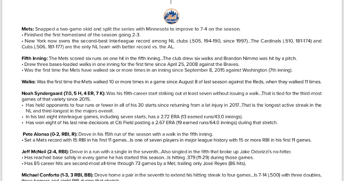 TheMediagoon.com: Mets Post Game Notes 4/10/19