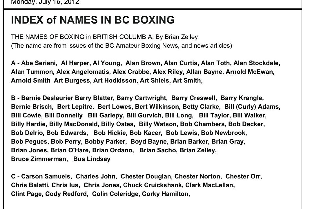 CANADIAN BOXING HISTORY: CANADIAN BOXING NAMES: by Brian Zelley