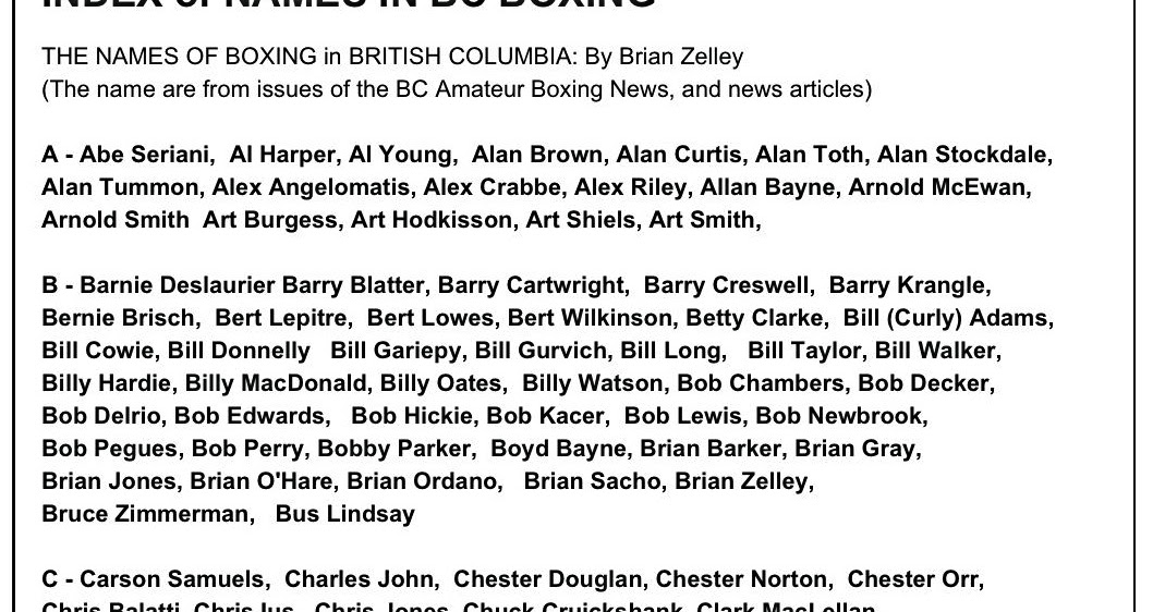 CANADIAN BOXING HISTORY: CANADIAN BOXING NAMES: by Brian Zelley