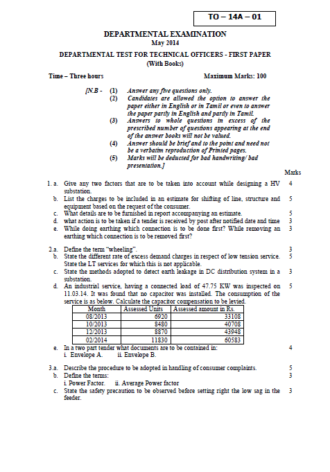 TNEB Departmental Test for Technical Officers.with Books Paper I ...