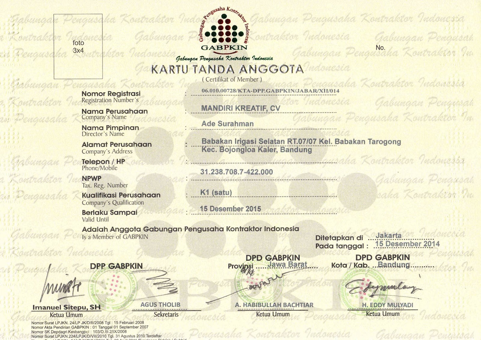 SIUP. SBU.KTA ~ CV. Mandiri Kreatif