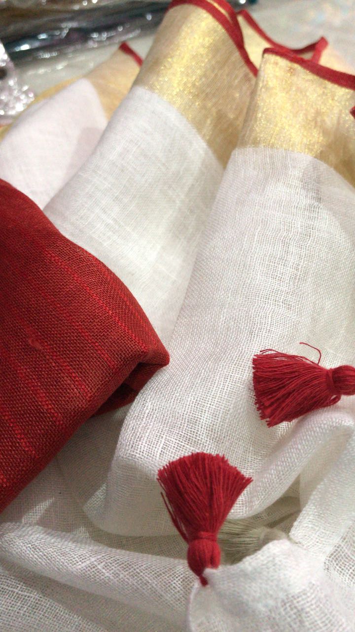 Latest Pure Plain Lenin/Linen Sarees with contrast blouse