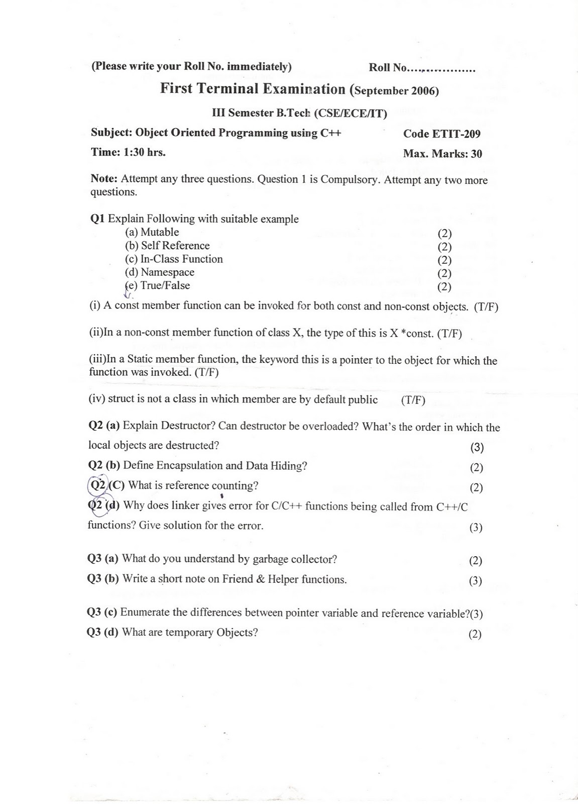 GGSIPU QUESTION PAPERS: First Term 2006 ETIT 209 Object Oriented ...