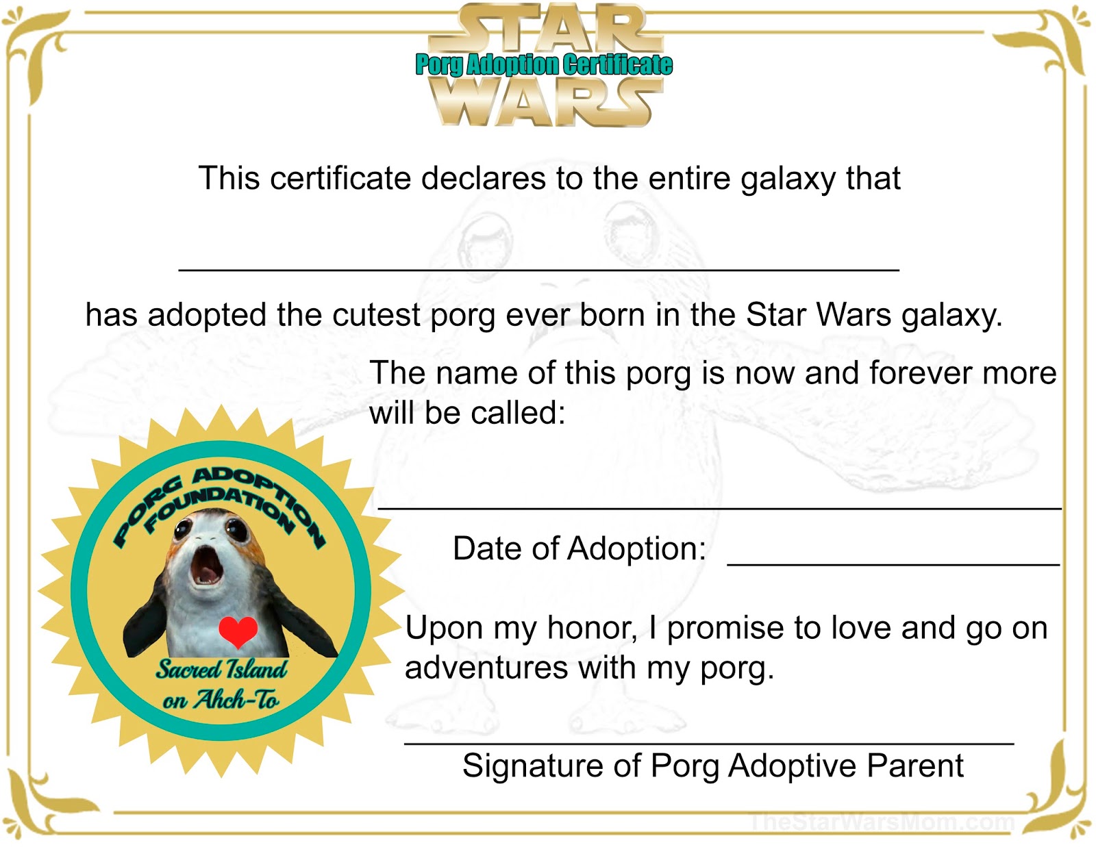 Porg Adoption Certificate - Star Wars Porgs - The Star Wars Mom ...