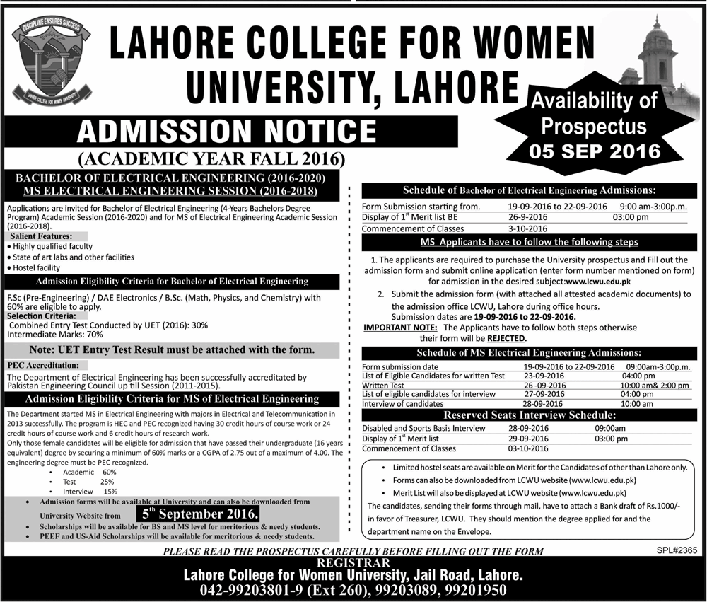 LCWU ( Lahore College for Women University) BS MS and PHD Admissions ...