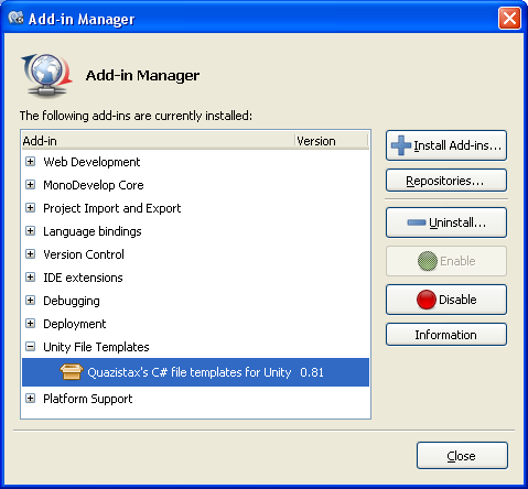Quazistax: MonoDevelop file templates for Unity C# scripts