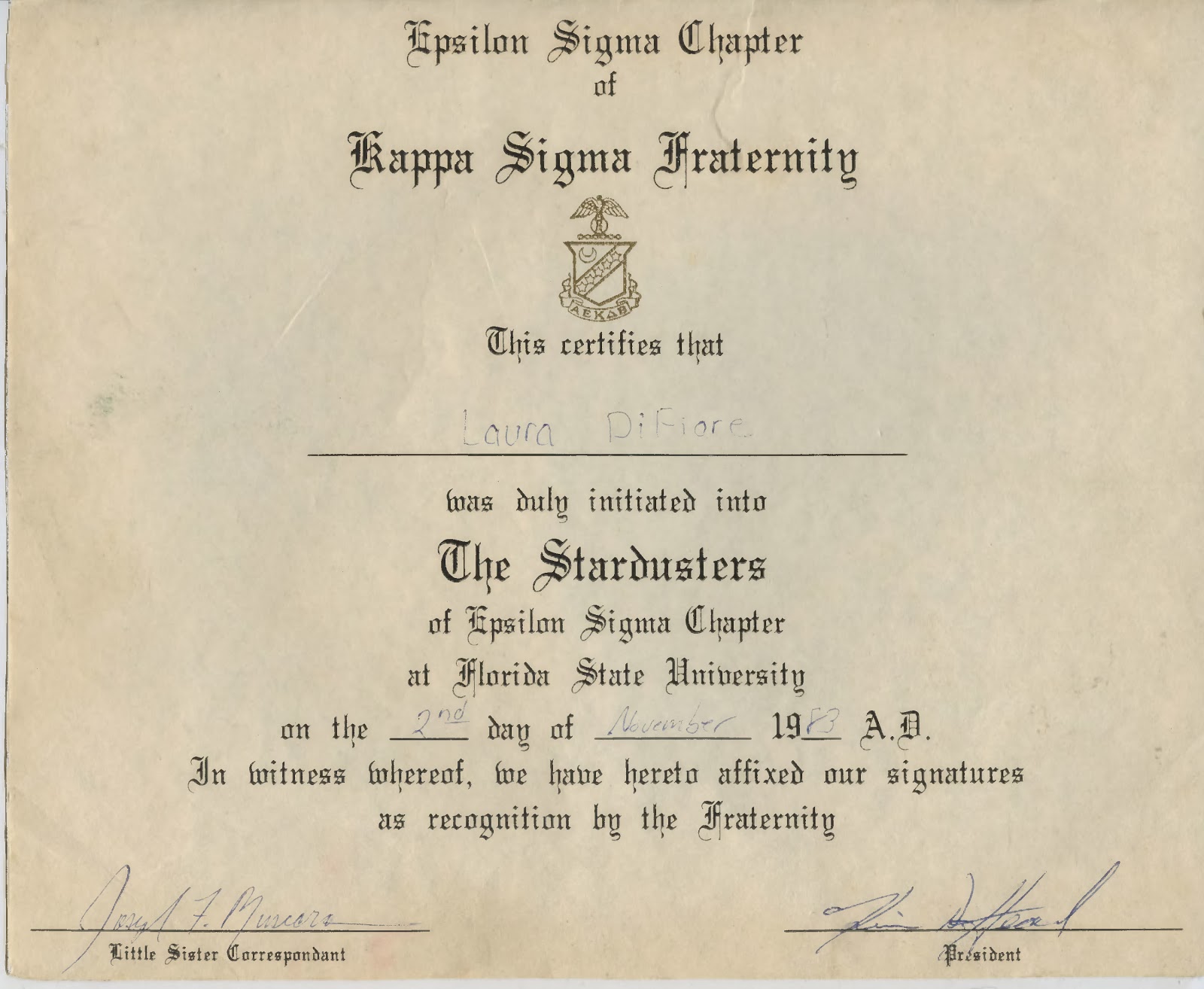 The Pages of My Life: Certificate: Stardusters / Kappa Sigma Fraternity