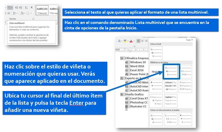 FullWordPeru: Word 2016 - Agregar viñetas,nùmero o una lista Multinivel