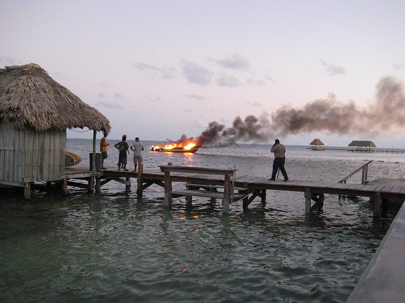 Boat completely destroyed by fire at sea - Ambergris Caye Belize ...