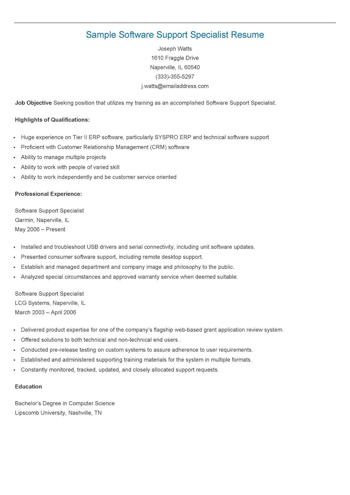 Resume Samples: sample Software Support Specialist Resume