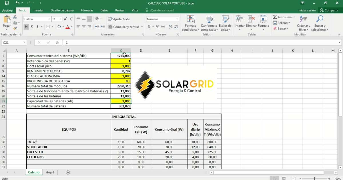 SOLAR GRID - ENERGÍA Y CONTROL : CALCULO DE SISTEMAS SOLARES FOTOVOLTAICOS CON EXCEL