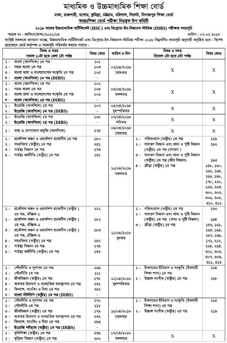 HSC Routine 2018 Dhaka Bangladesh Education Board - NUCLEUS ONLINE SCHOOL