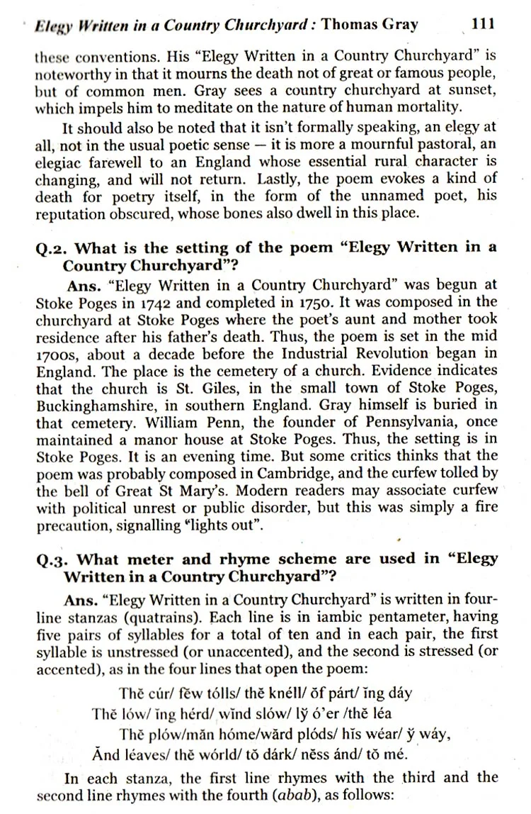 Short Questions with Answers (Elegy written in a country churchyard ...