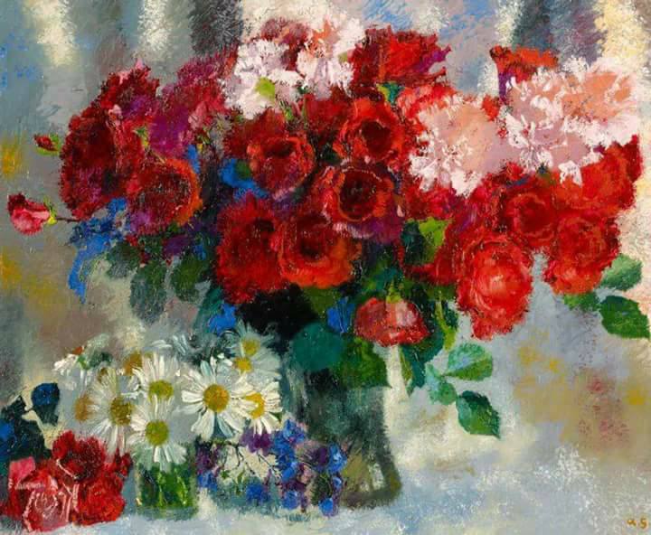 Zimog: Bodegon jarron con rosas y margaritas