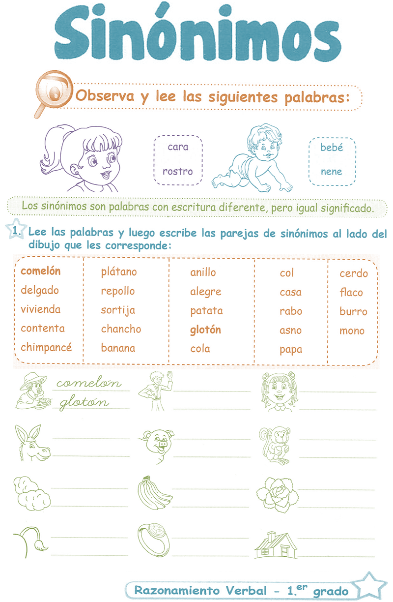 Sinónimos para niños 1° Grado Primaria | Razonamiento Verbal