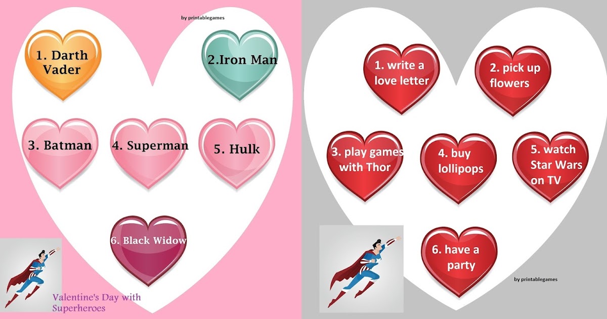 Gry jezykowe-printable games: Valentine's Day with Superheroes-roll a ...