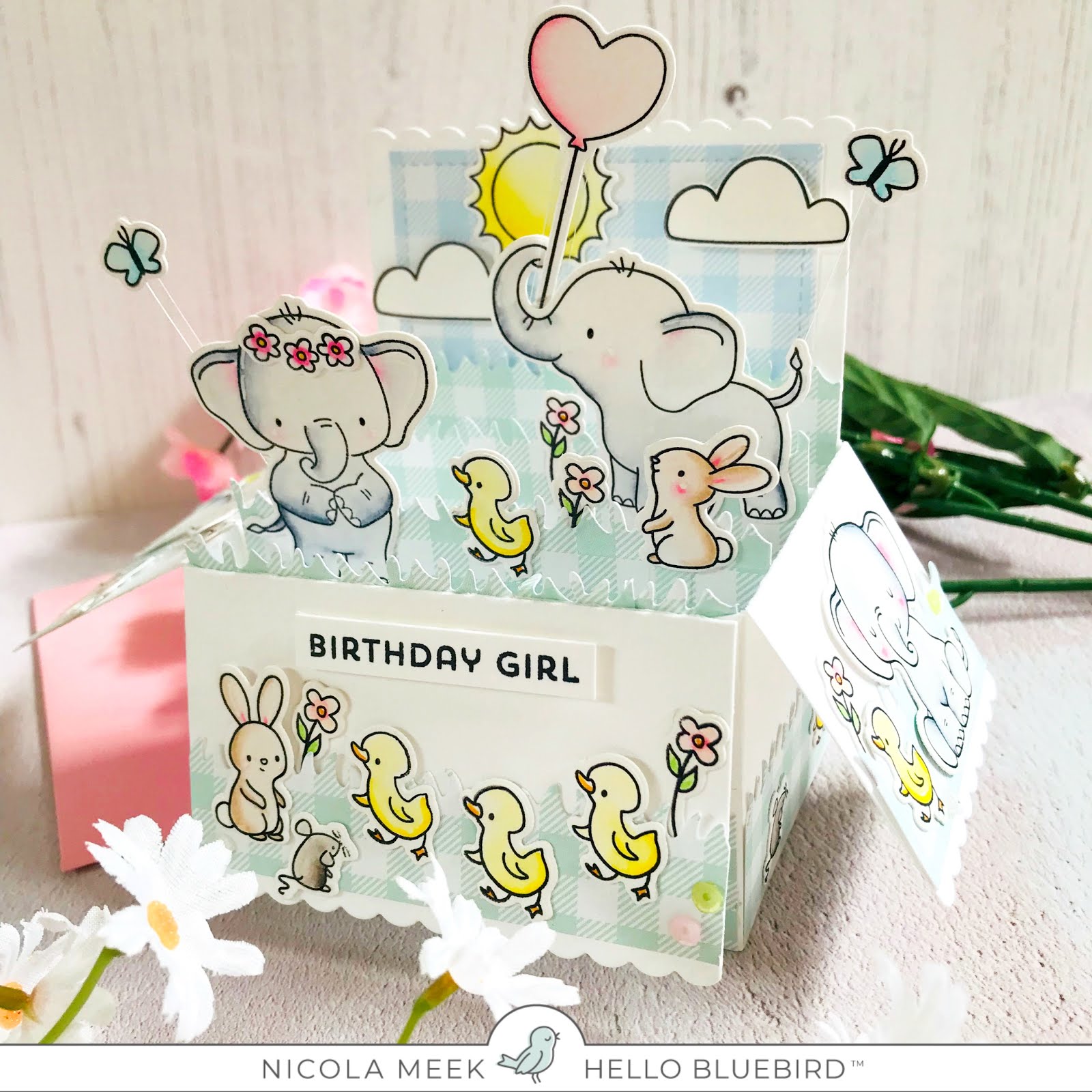 Nicky Noo Cards: Elephant Friends - Pop Up Box Card - Hello Bluebird