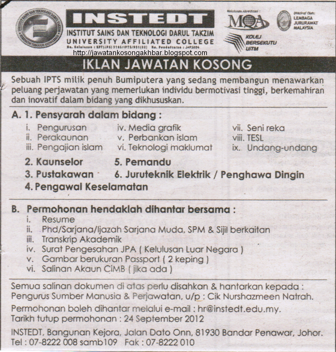 JAWATAN KOSONG (KERATAN AKHBAR): JAWATAN KOSONG DI INSTITUT SAINS DAN ...
