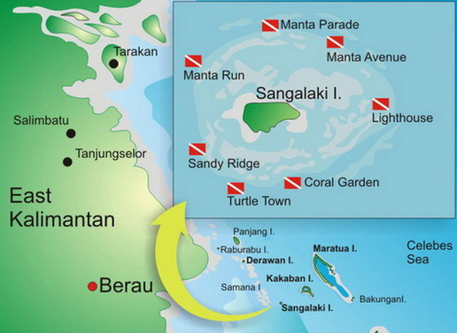Diving sites and map for Sangalaki island - Trevindos