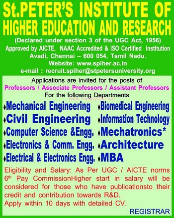 St.Peter's Institute of Higher Education and Research, Chennai, Wanted Teaching Faculty ...
