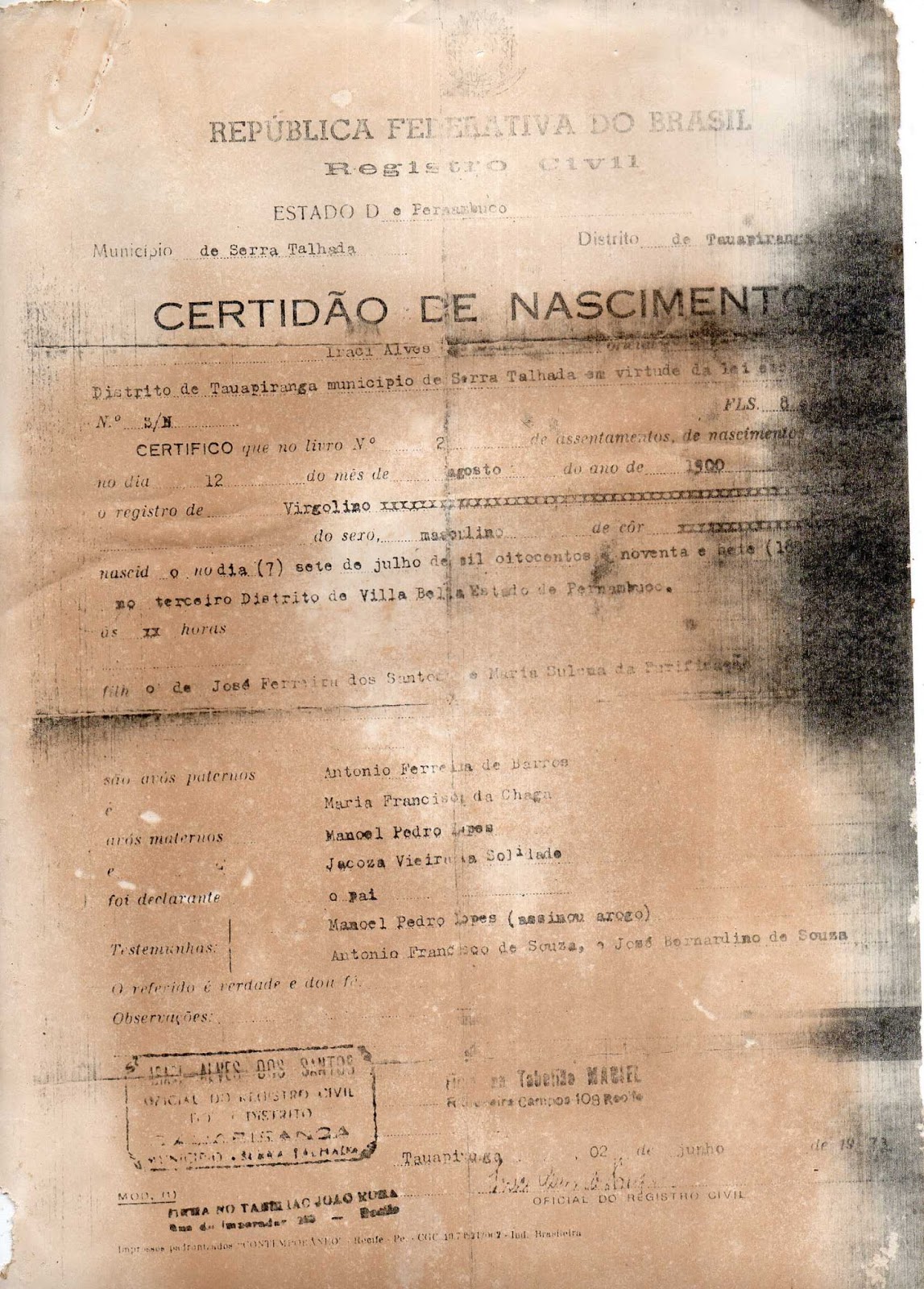 Municipalismo por Newton Thaumaturgo: CERTIDÃO DE NASCIMENTO DE LAMPIÃO Municipalismo por Newton Thaumaturgo: CERTIDÃO DE NASCIMENTO DE LAMPIÃO